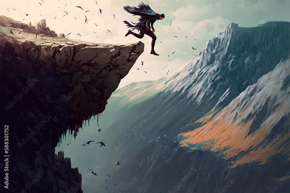A man jumps from a high cliff turning into a bird, created with ...