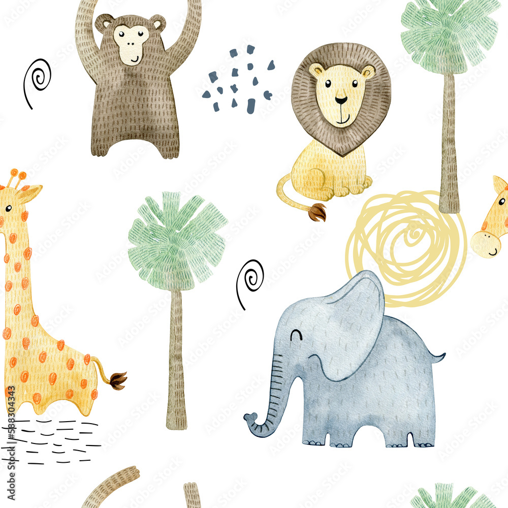 Watercolor seamless pattern with cute safari animals. Exotic wallpaper ...
