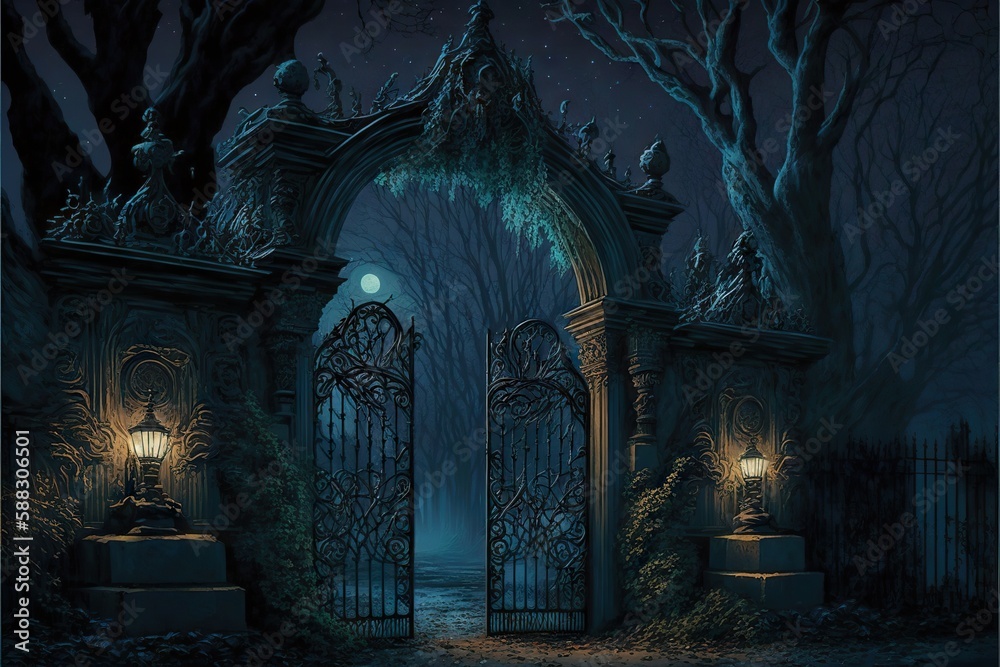 Graveyard gate scary wallpaper, created with generative ai Stock ...