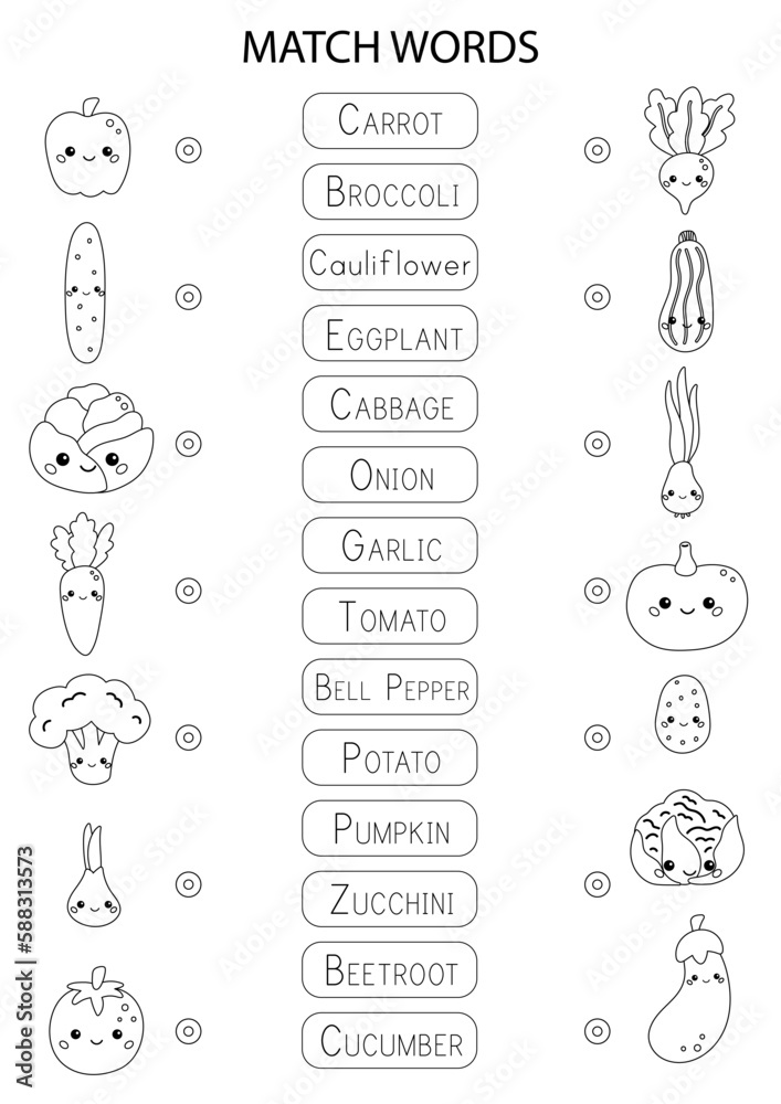 Match words with the correct pictures. Coloring page. Funny vegetables ...