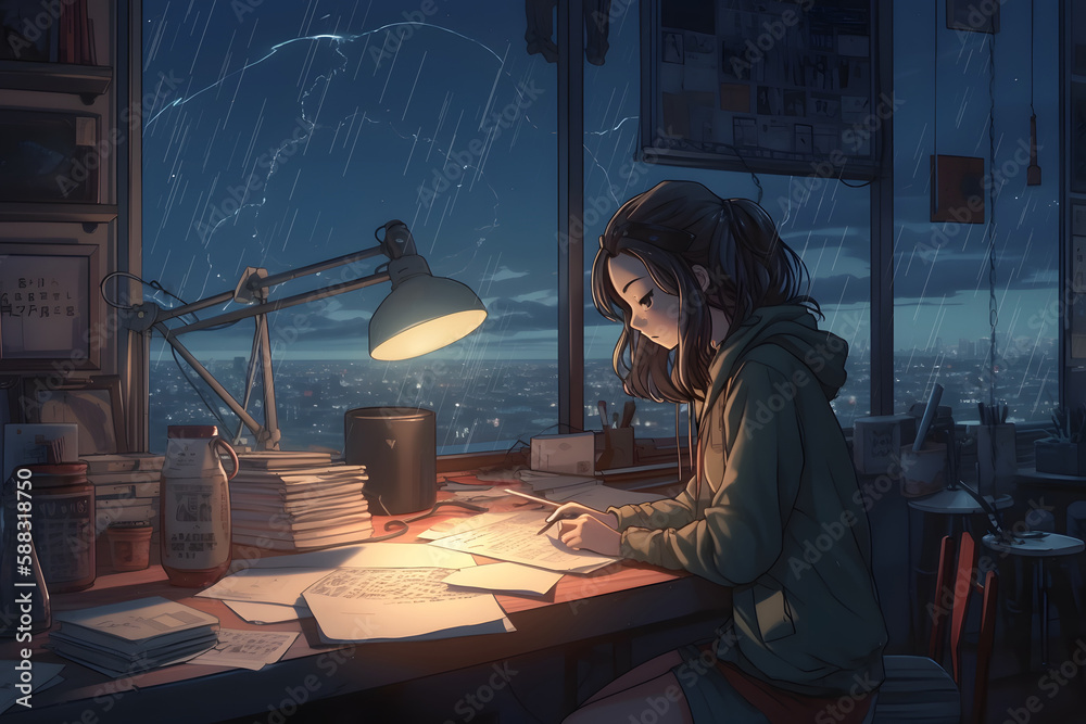 Ilustración de Stock Cool Lofi Girl studying at her desk. Rainy or cloudy outside, beautiful ...