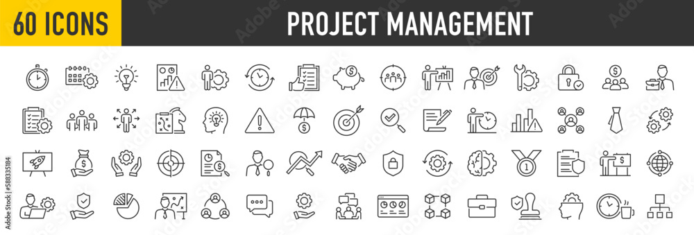 Set of 60 Project Management web icons in line style. Schedule, human ...