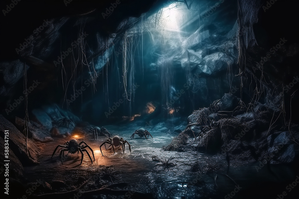 big scary monster spiders in spider web in cave at night. Arachnophobia ...