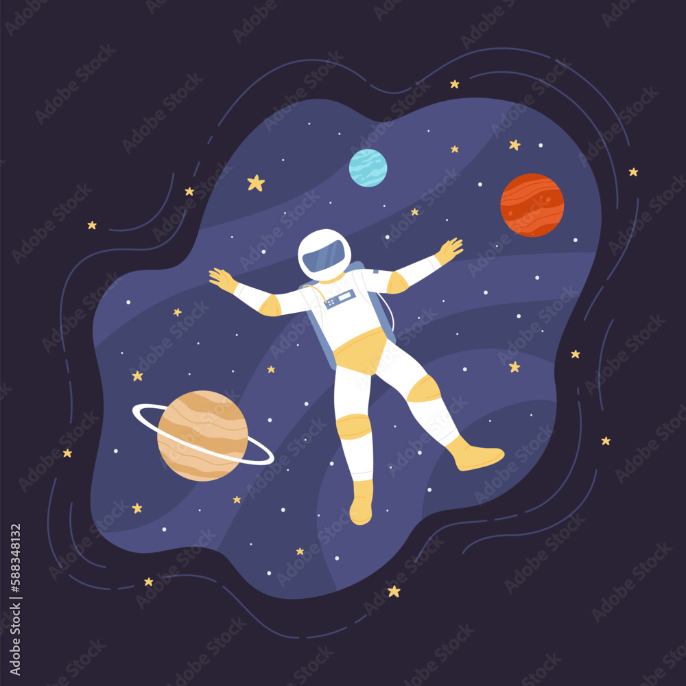 Astronaut floating in space without gravity vector illustration ...