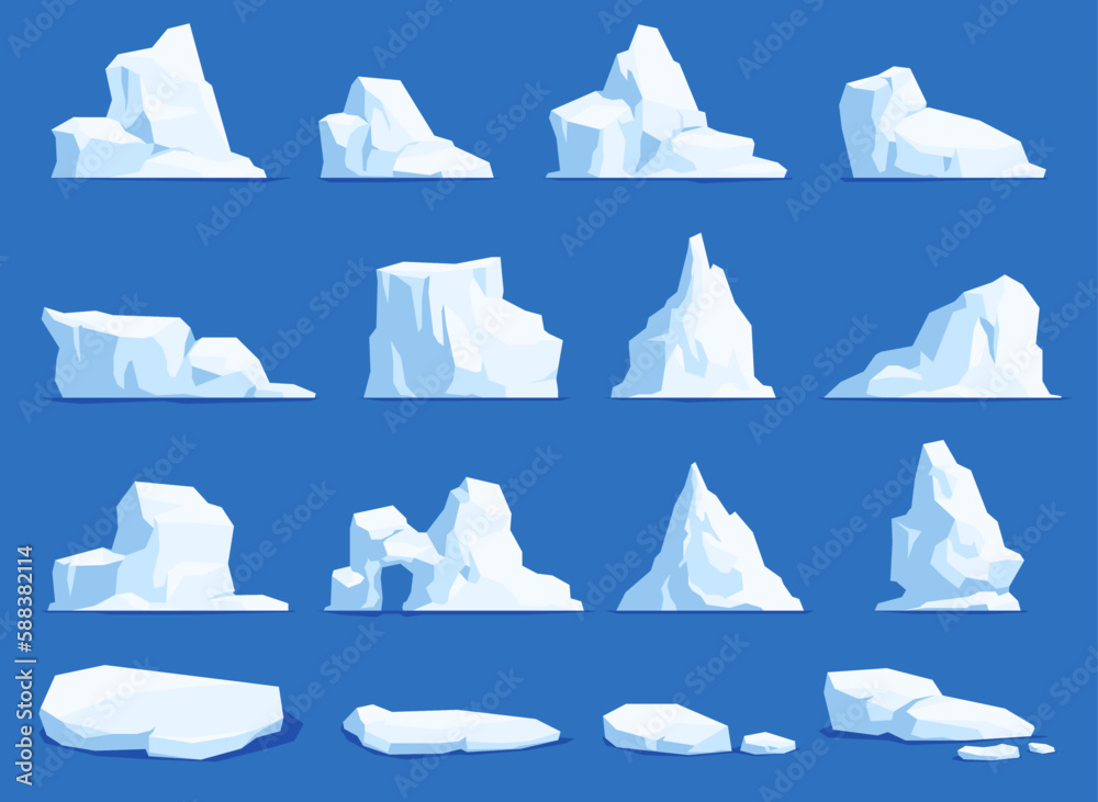 Set of different icebergs. A frozen massif of water and snow of various ...
