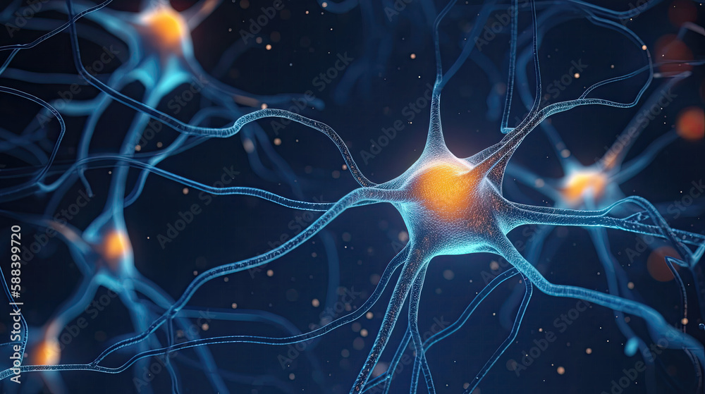 Conceptual illustration of neuron cells with glowing link knots. Blue ...