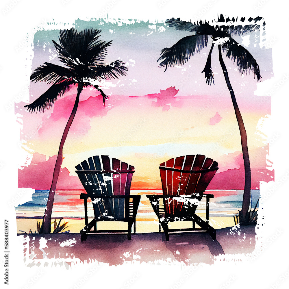 Stock-Illustration „Watercolor Couple Chairs at Beach Sunset Clipart ...