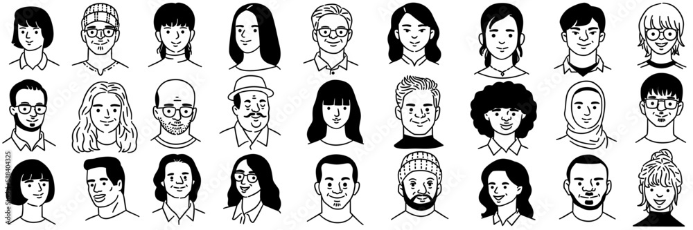 Big set portrait illustration of different people, ethnicity, diverse ...