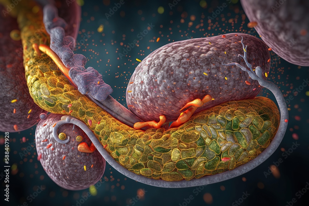 Anatomy drawing showing the pancreas, duodenum, and gallbladder created ...