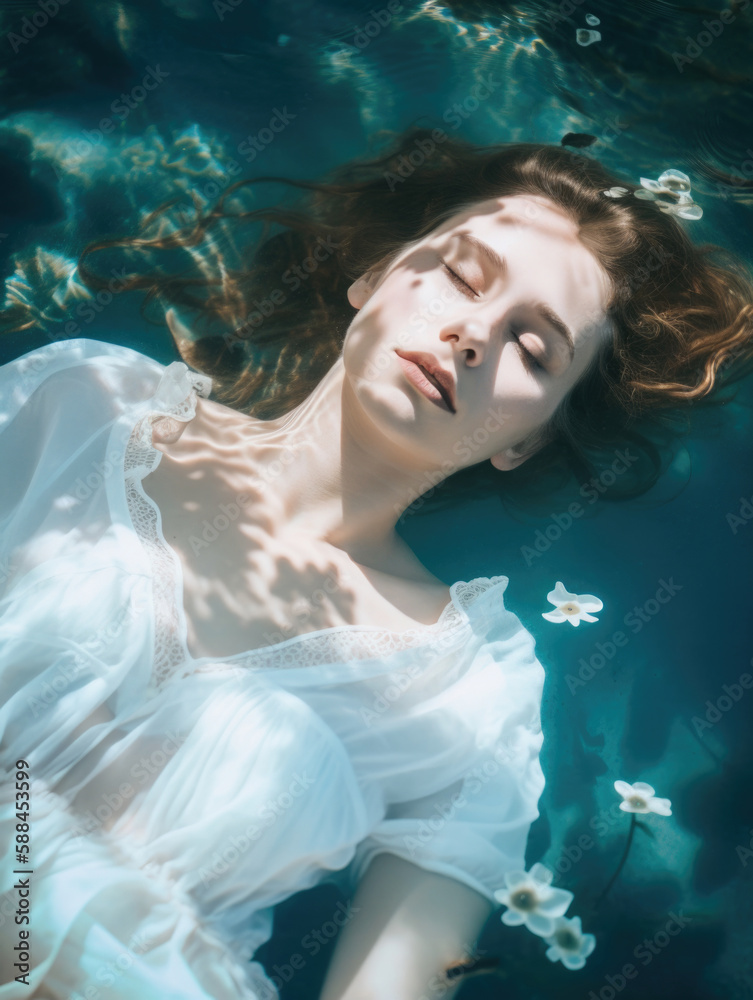 Beautiful woman floating in water with shadows and light over her ...