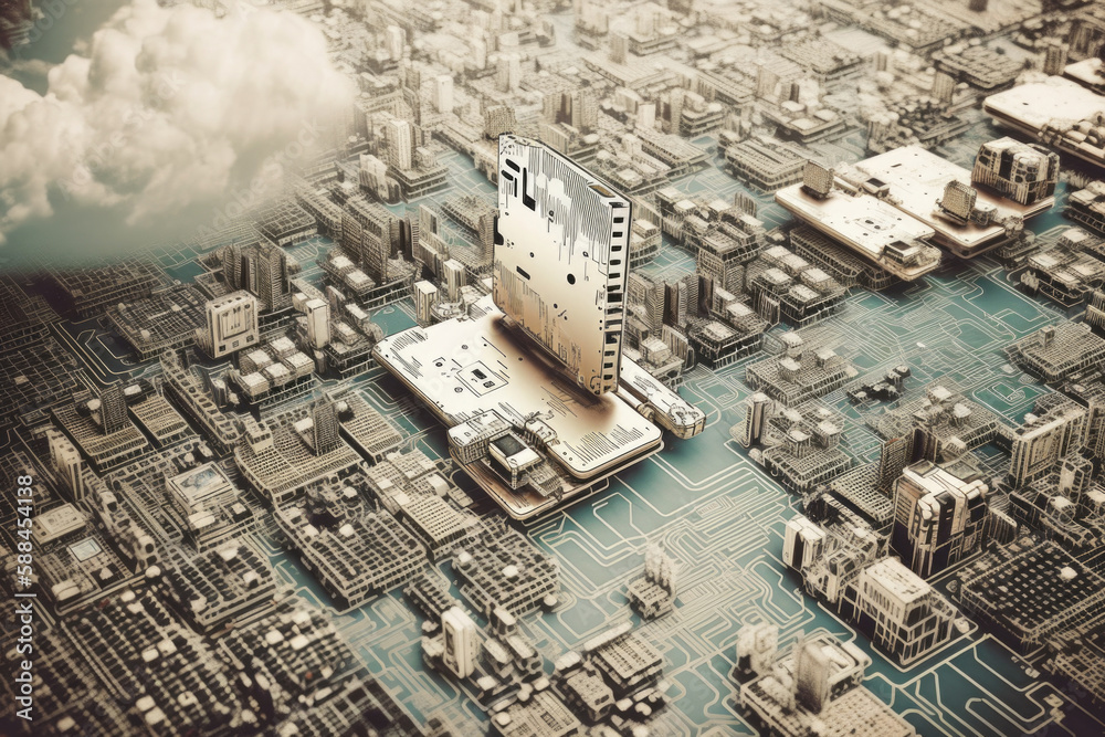 Computer circuit board and chips as a city illustrating cloud computing ...