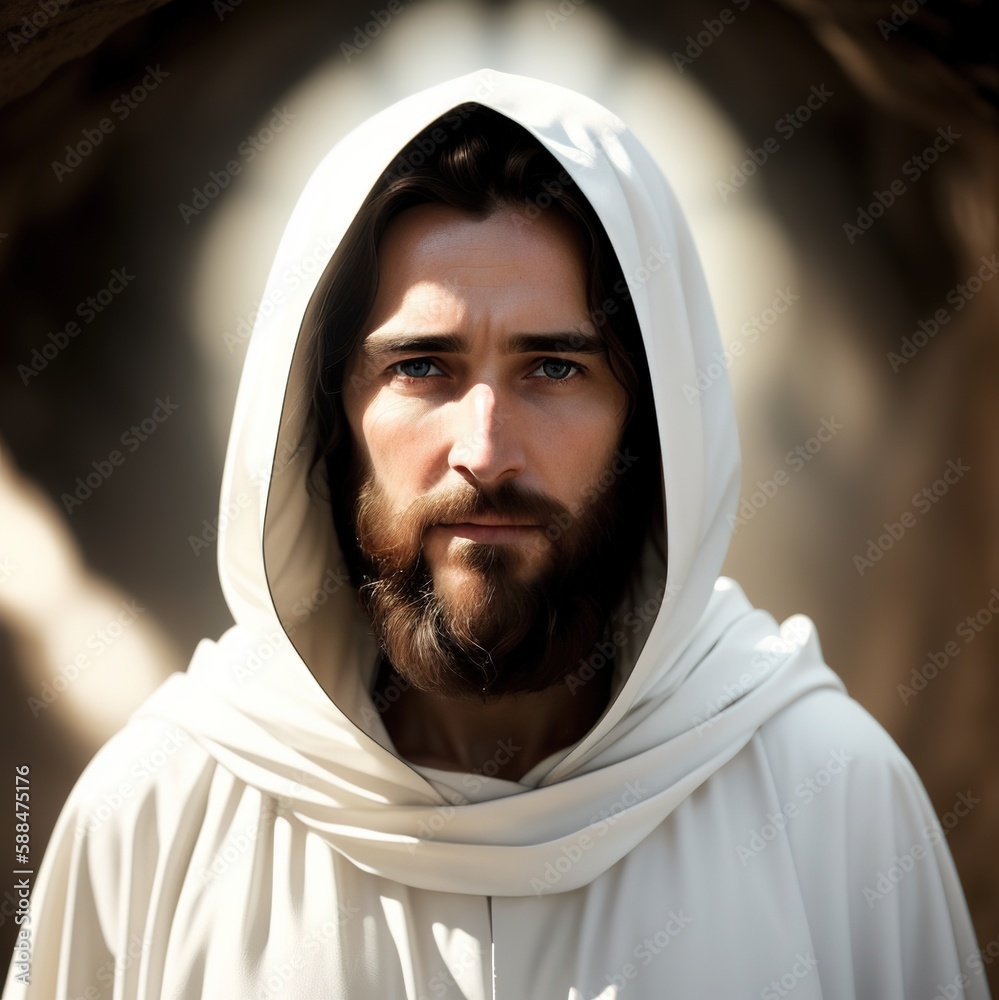 A hooded figure of resurrected Jesus Christ in white robes, coming out ...