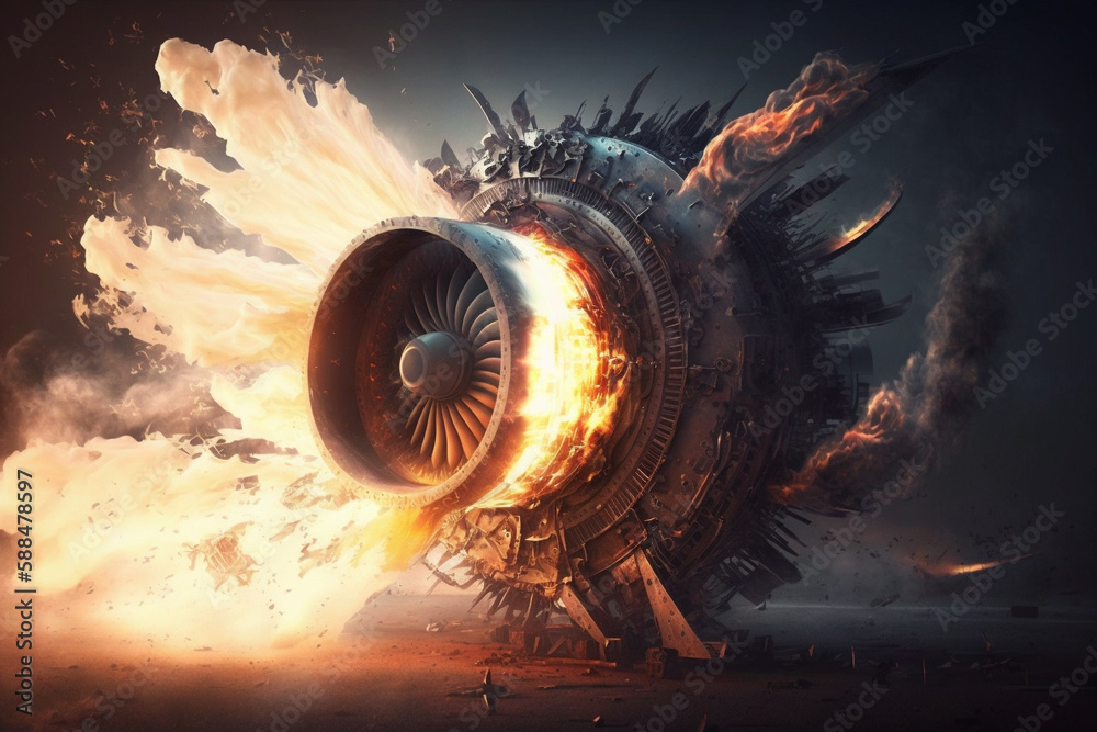 Fire explosion of a plane engine. Burning flames engulfing a destroyed ...