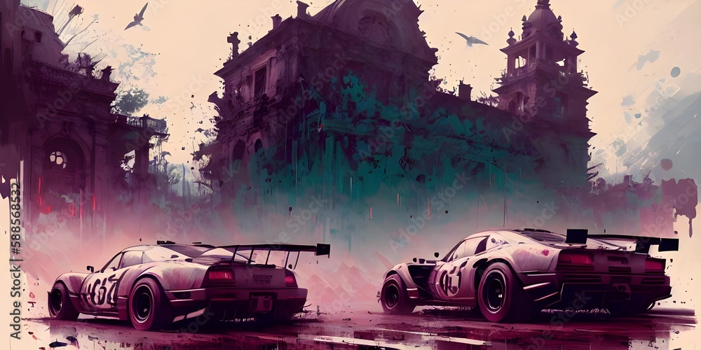 Artistic abstract painting of racing car, digital art illustration ...