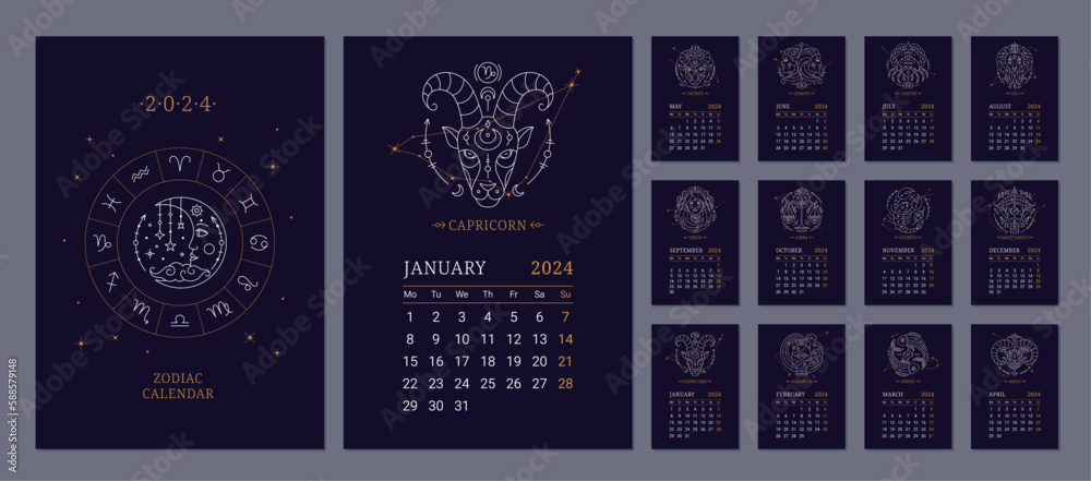 2024 Astrology wall monthly calendars with zodiac signs set. 12 months ...