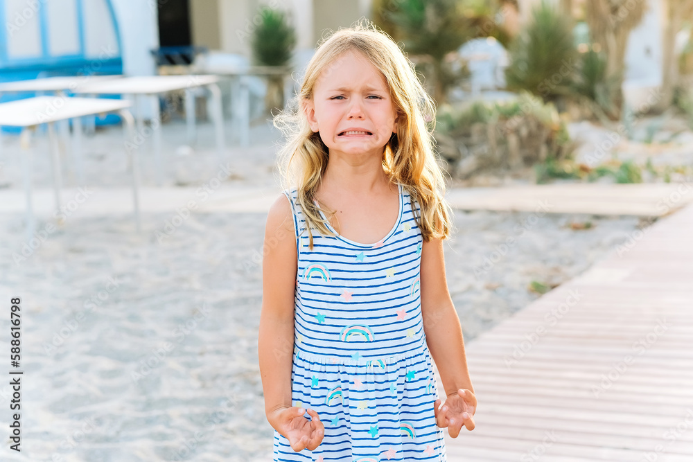 portrait of cute little girl crying child, stress, pain, sadness, despair Furious hungry toddler ...