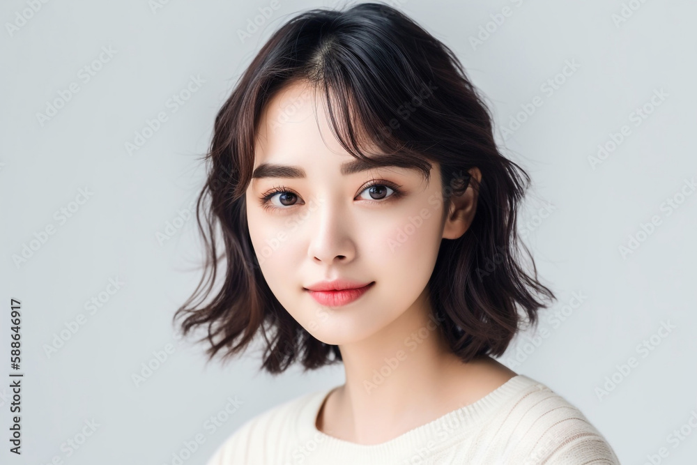 Beautiful Asian Woman, Close up on her face with Smooth skin look at ...