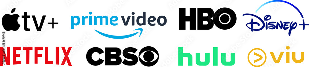 Set of popular TV streaming services logos. Netflix, HBO, Apple TV ...