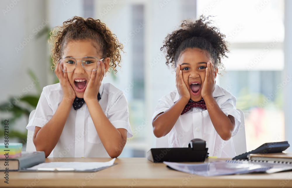 Portrait, surprise and kids in business office playing, pretending and ...