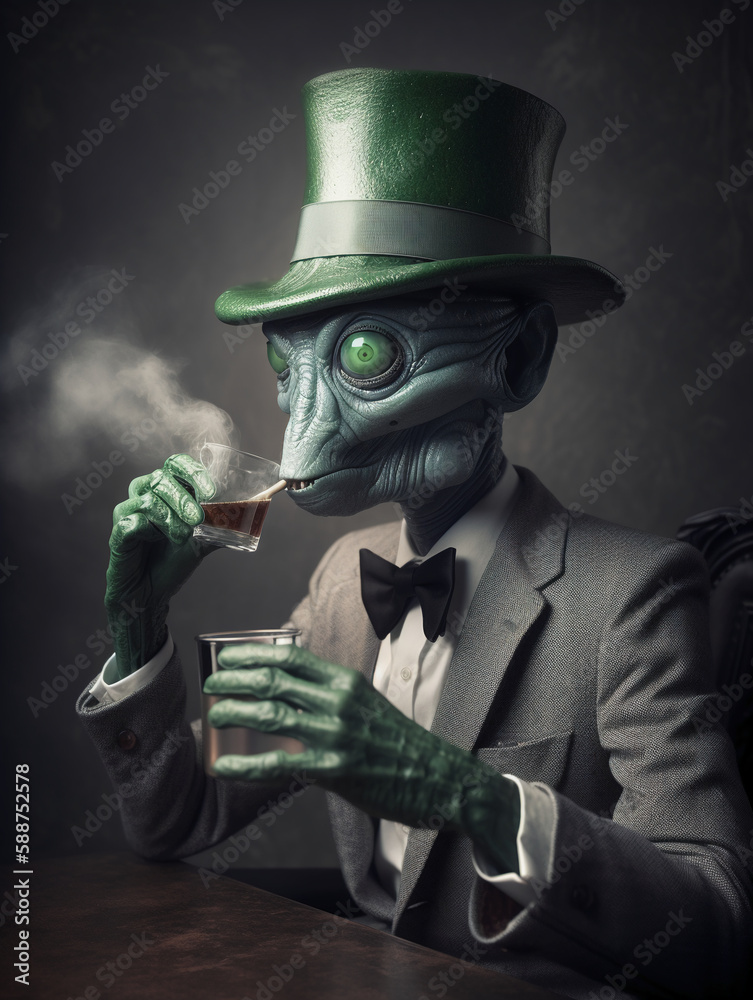 Glamorous photo of a grey roswell Alien drinking beer and smoking a ...