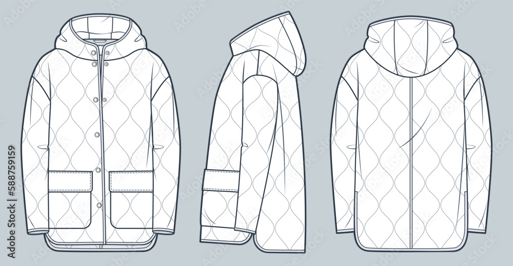 Hooded Jacket technical fashion Illustration. Quilted padded Down ...