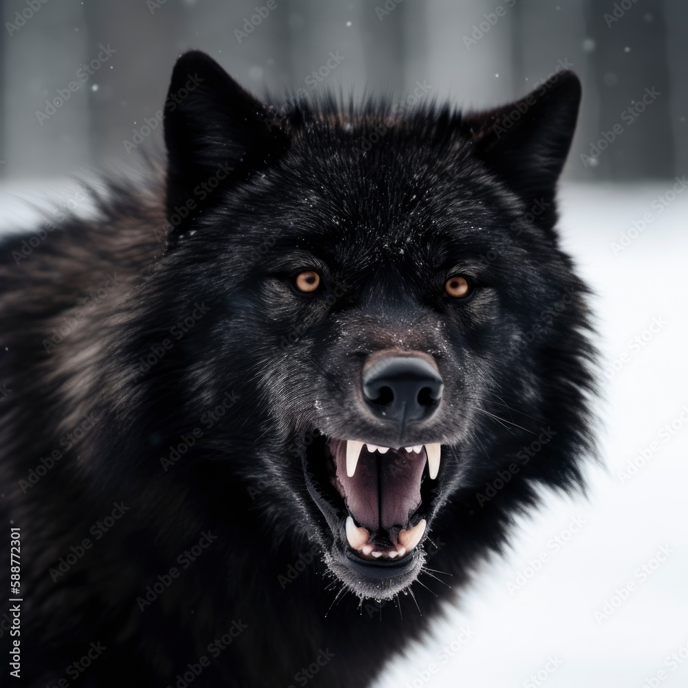 Wild and Fierce: Close-Up Portrait of a Snow-Covered Black Wolf Howling in Anger in the Arctic ...