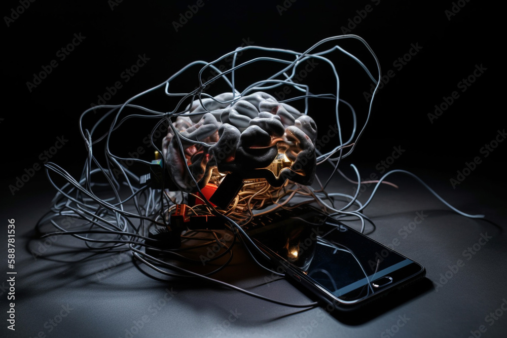 Human brain connected to a mobile phone with wires, representing the ...