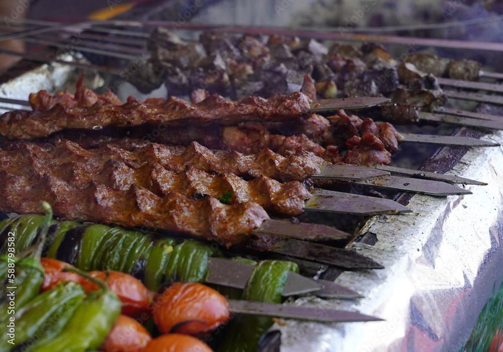 Traditional Turkish Adana Kebab or Kebap meat texture background with ...
