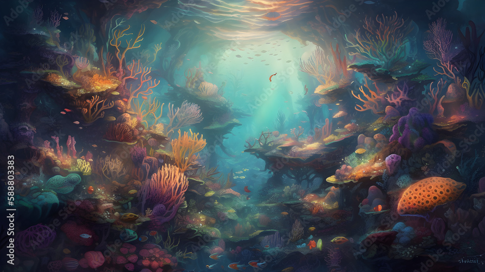 a fantasy landscape that takes place underwater,mermaids, sea monsters ...