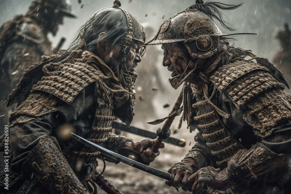The battle of two samurai with katanas in traditional armor on the ...