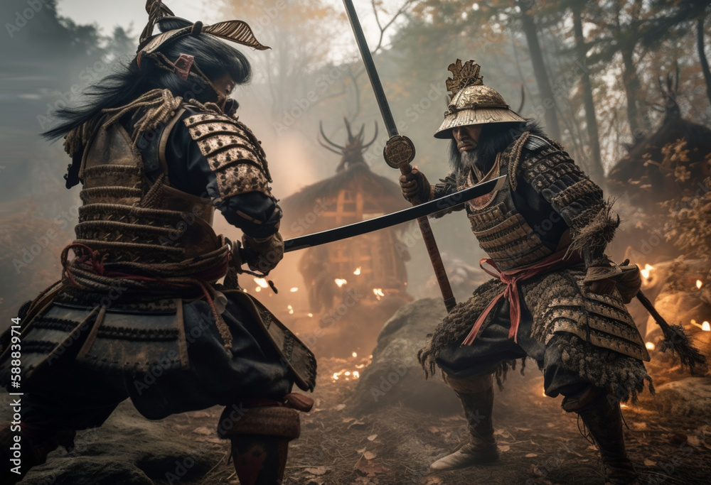 Battle of two samurai with katanas in traditional armor in the forest ...