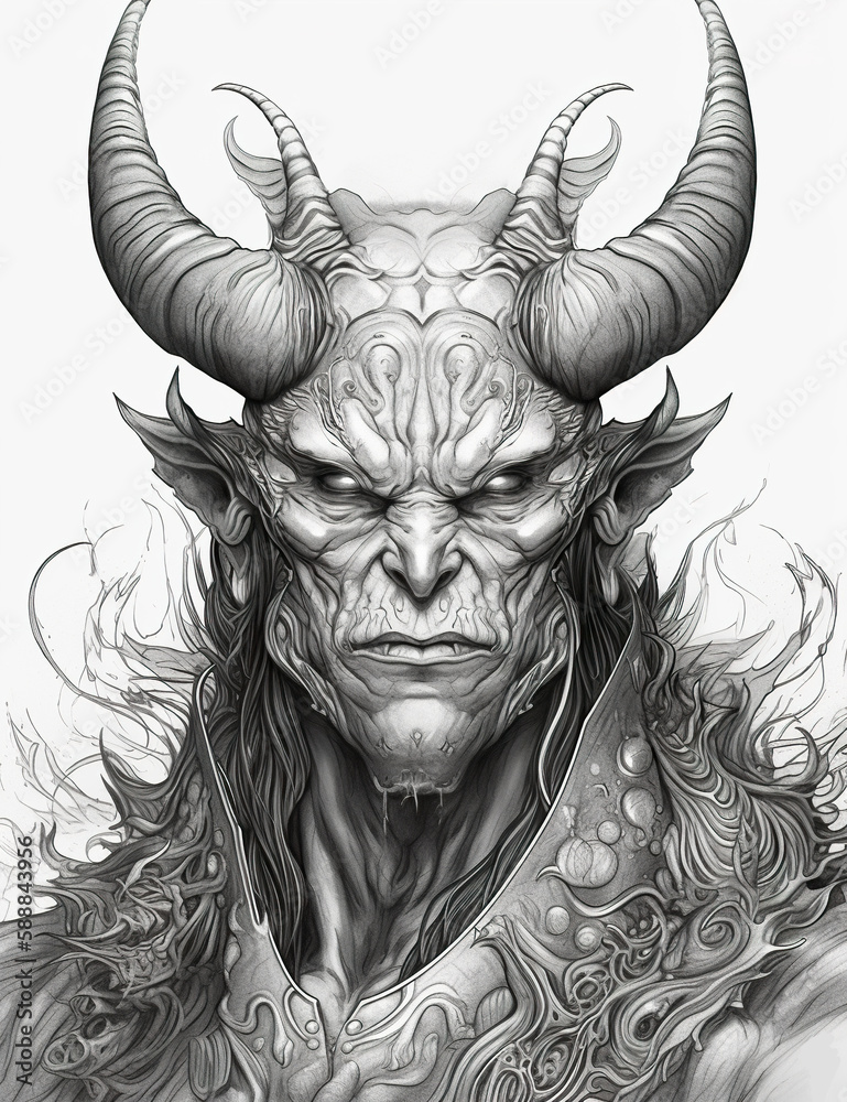 Fantasy character with Asian influences, demon warrior, black white ...