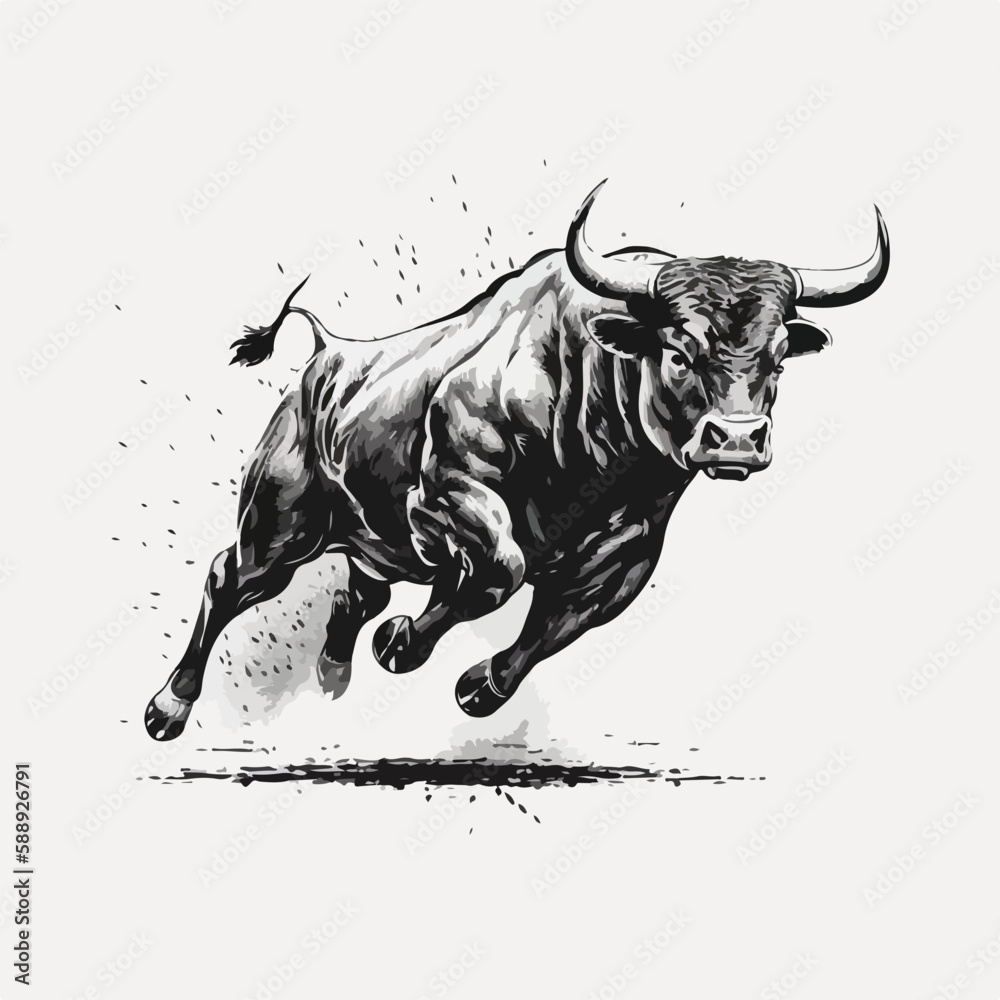 Mascot of running angry bull buffalo. black white line art vector ...