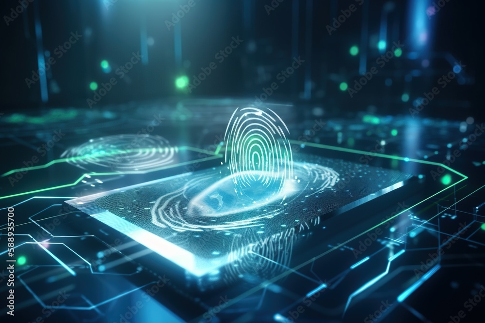 Fingerprint scan provides security access with biometric data, created with Generative AI ...