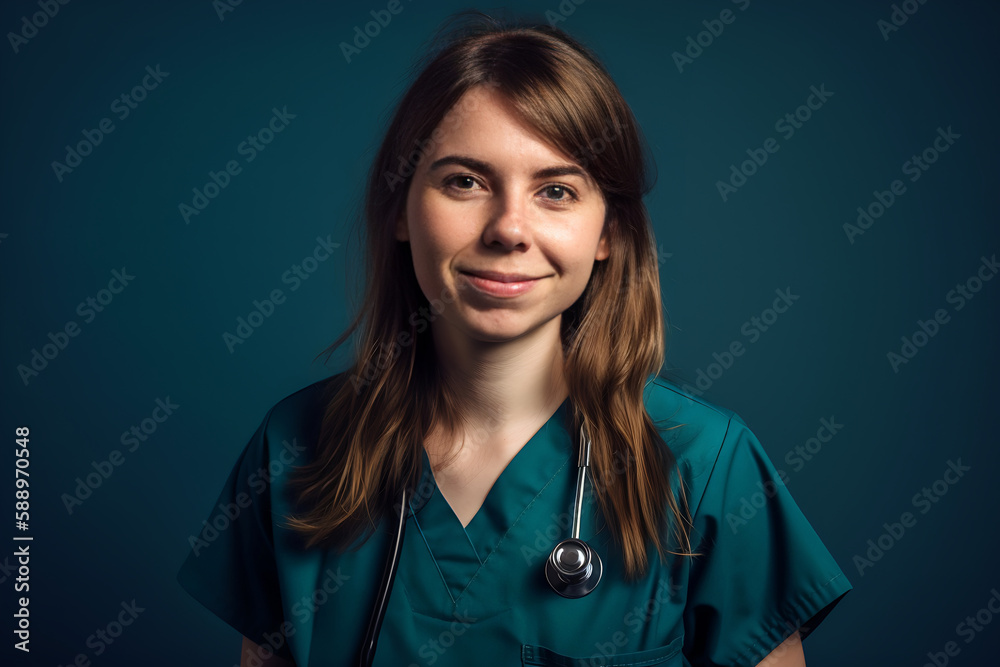 a 25 year old friendly smiling white female doctor wearing NHS green ...