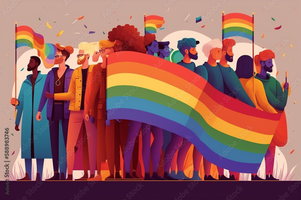 People group holding rainbow flag, lgbt pride festival concept ...