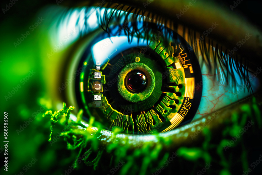 Macro view of an eye featuring a futuristic lens with color-changing ...