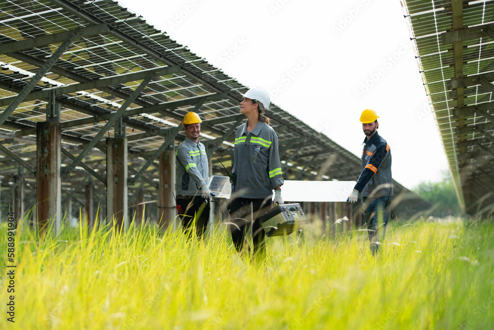 Engineering and technicians unloading repaired solar panels to be ...
