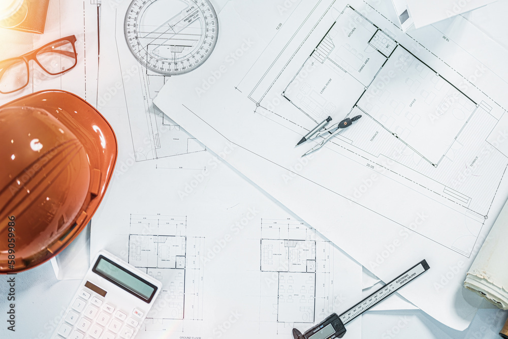 Engineers and architects' desk blueprints, Equipment, stationery, a lot ...
