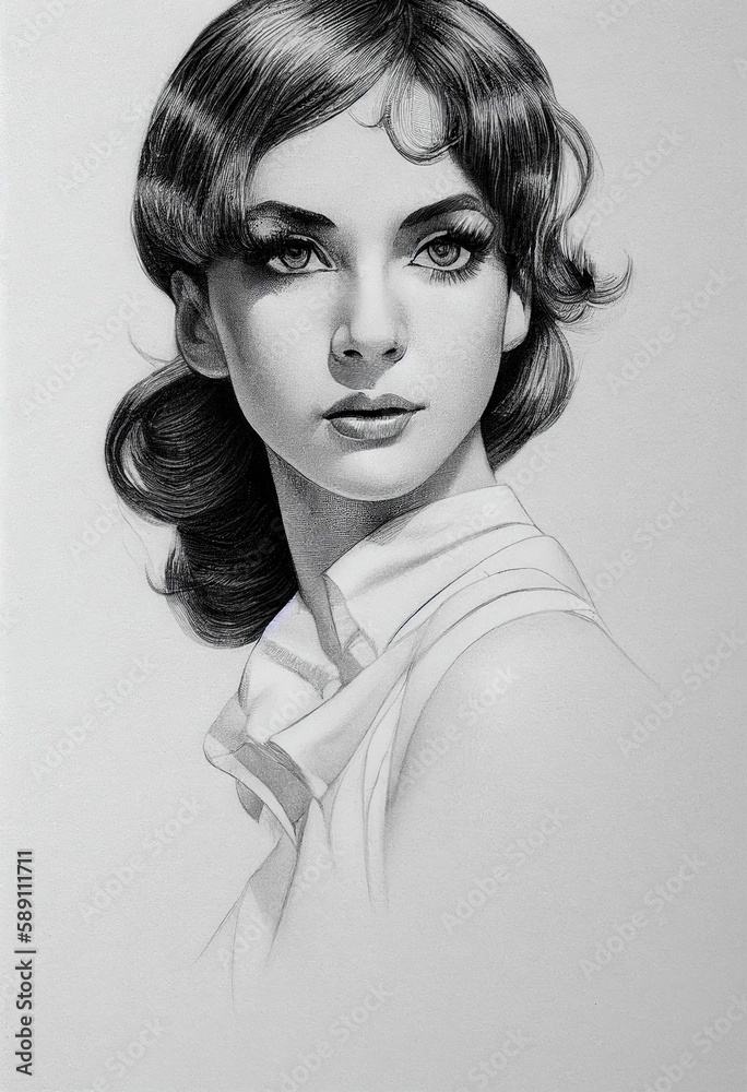 Beautiful drawing of 1970s pin-up girl. Stock Illustration | Adobe Stock