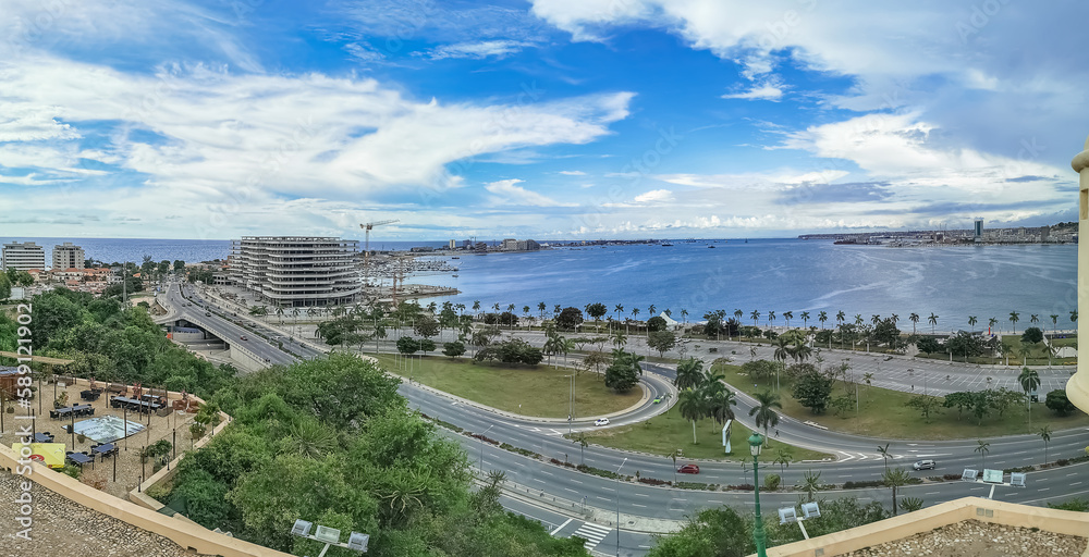 Aerial view of downtown Luanda, bay , Cabo Island and Port of Luanda ...