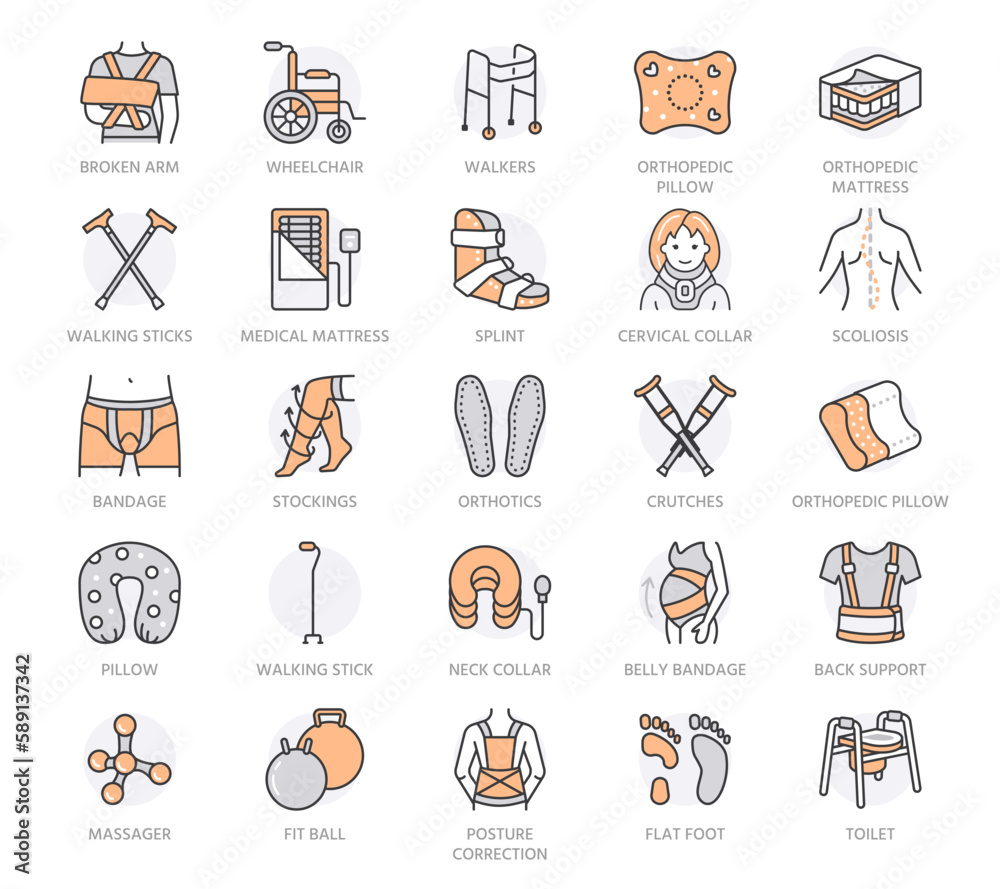 Orthopedic, trauma rehabilitation line icons. Crutches, mattress ...