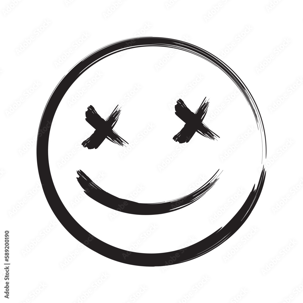 Scary Grunge Smile Face vector dead emoji, ink brush dead emoticon icon ...
