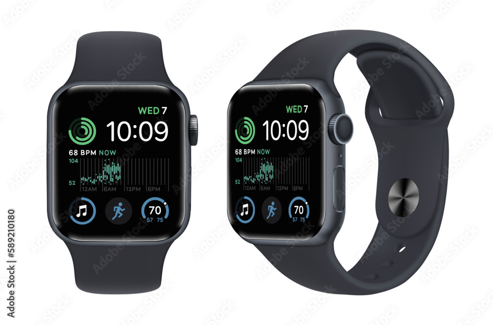 Apple Watch SE, in front side and sideways, in official midnight color ...