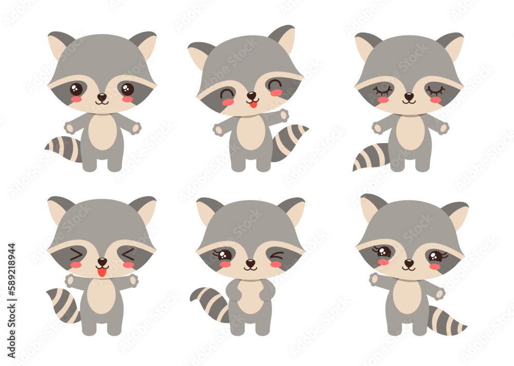 Cartoon raccoon kawaii style emoji. Funny raccoons character set ...