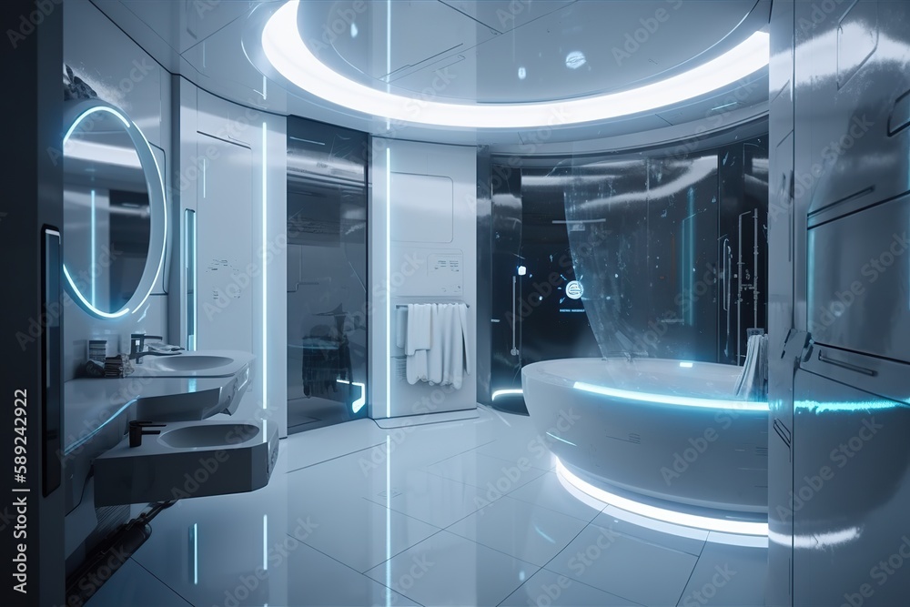 Designing a bathrom modern and sleek aesthetic,tiles,water, spa rary ...