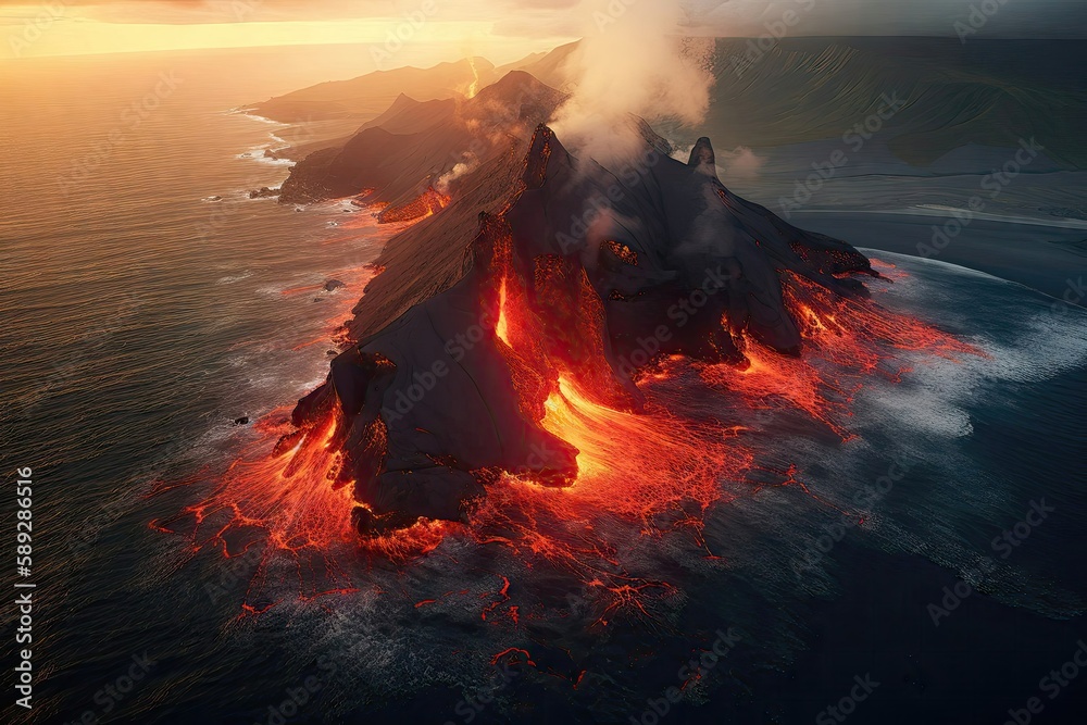 Daytime volcanic eruption peninsula. Lava shoots up from the crater ...