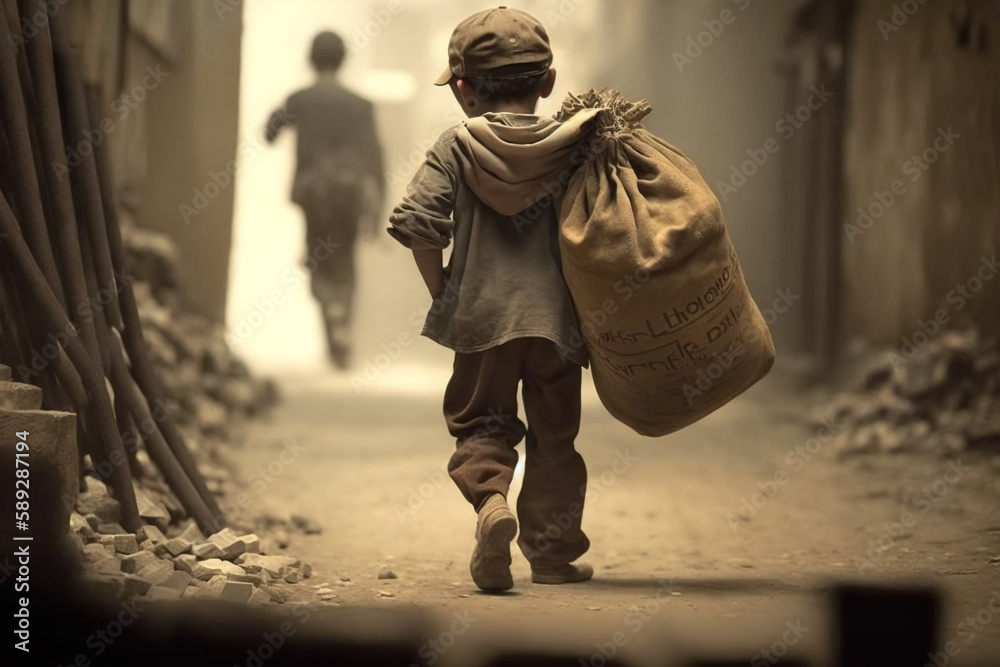 Generative AI of a poor child carrying a bag, image representing child ...
