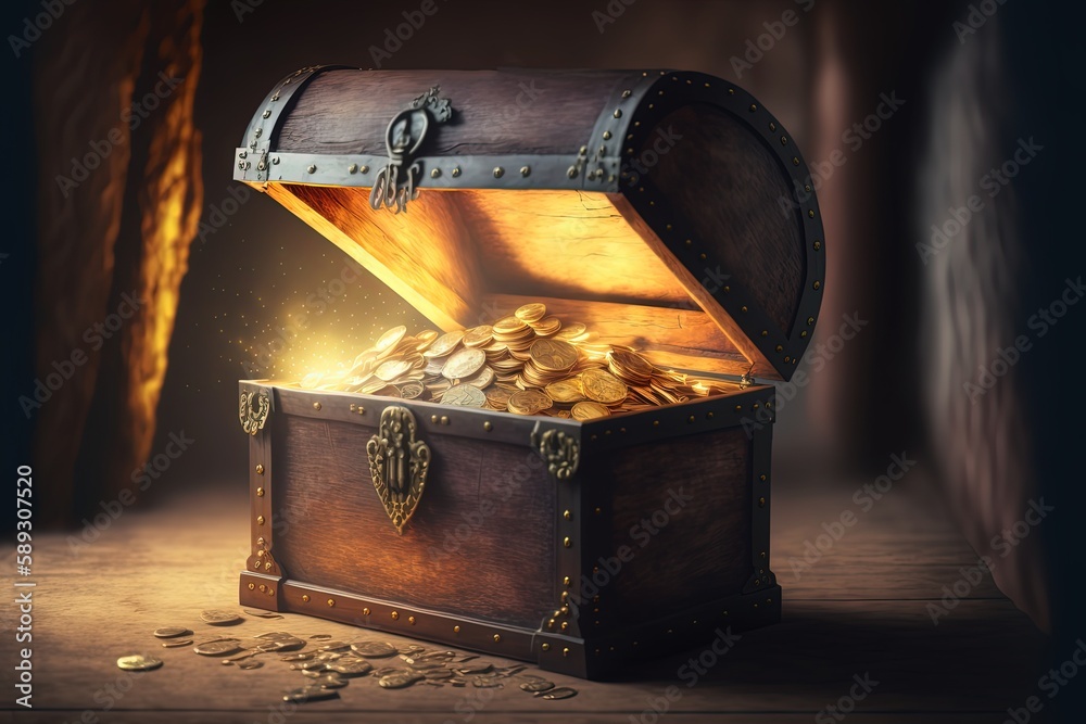 opened treasure chest full of gold coins and jewelry with glow light ...