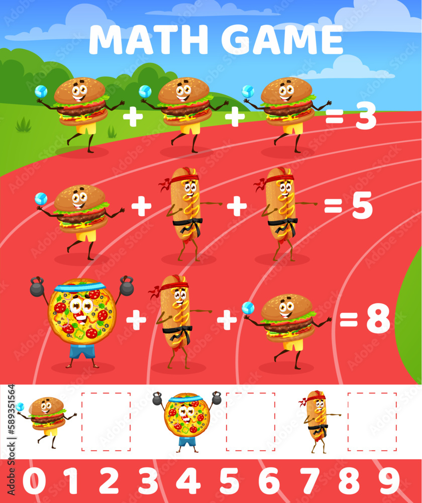 Cartoon fast food sportsman characters on running track, math game ...